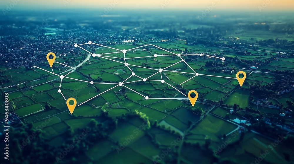ภาพประกอบสต็อก Aerial view of land with network markers representing ...