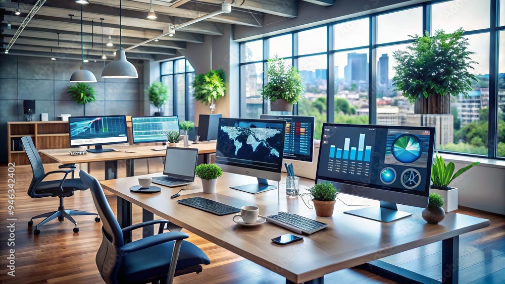 Modern office setting with various devices and screens displaying data ...