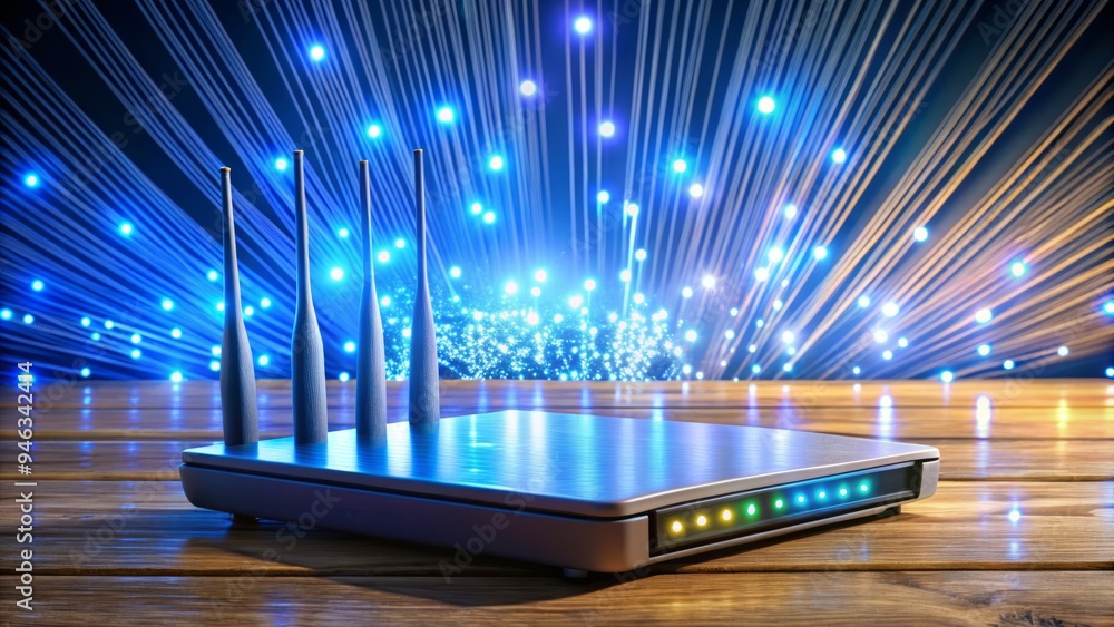 Modern optical fiber cables and high-speed internet router situated on ...