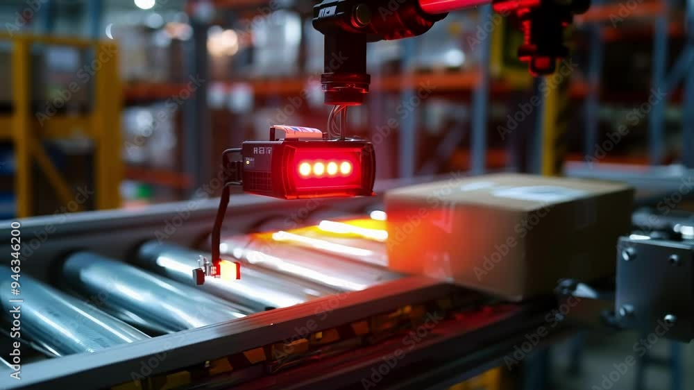 Robotic arm equipped with a red laser scanner is scanning a cardboard ...