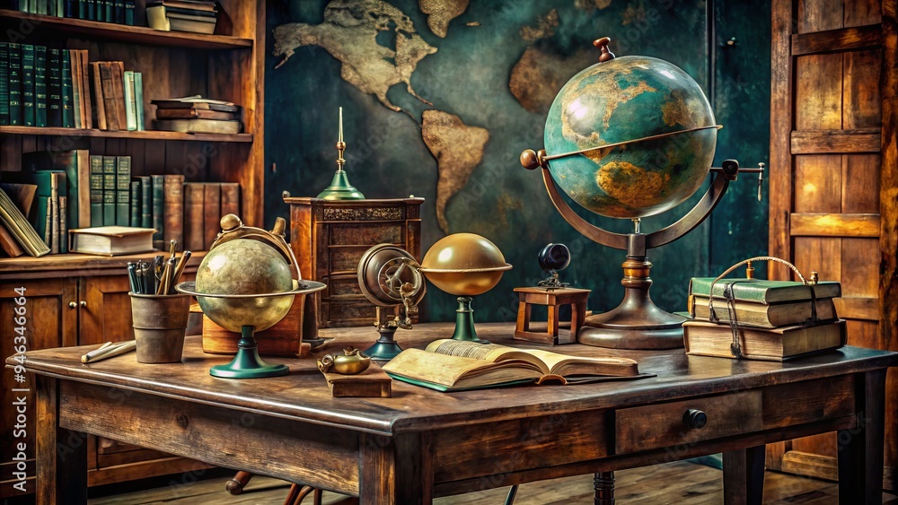Retro-style wooden desk cluttered with antique globes, vintage ...