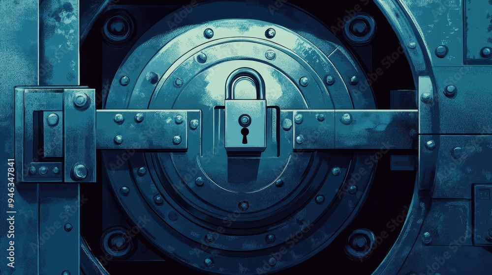 The illustration displays a secure vault door with a detailed lock ...
