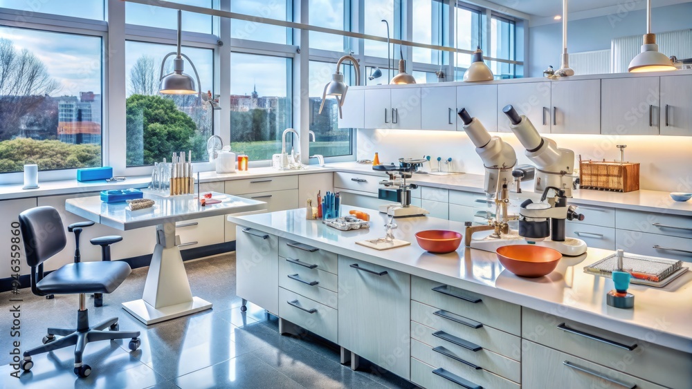 Sparkling clean dental laboratory workspace featuring various dental ...