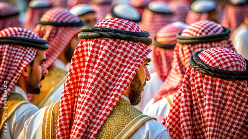 Traditional Islamic headdress worn by men in Saudi Arabia, intricately ...