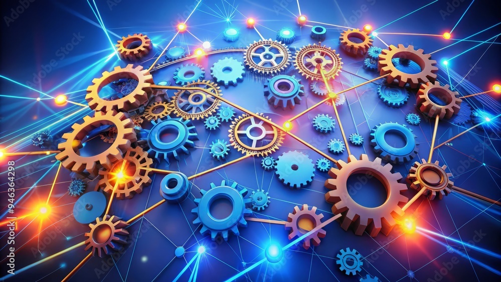 Vibrant 3D infographics with interconnected nodes, gears, and arrows on ...
