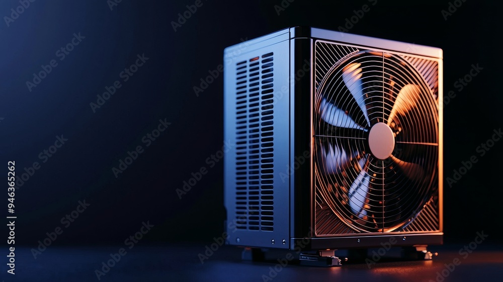 A sleek air-cooled condenser unit with visible coils and fan blades ...