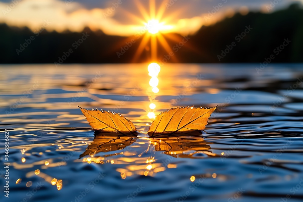Lake at sunrise with golden light, captured in a photo that shows the ...