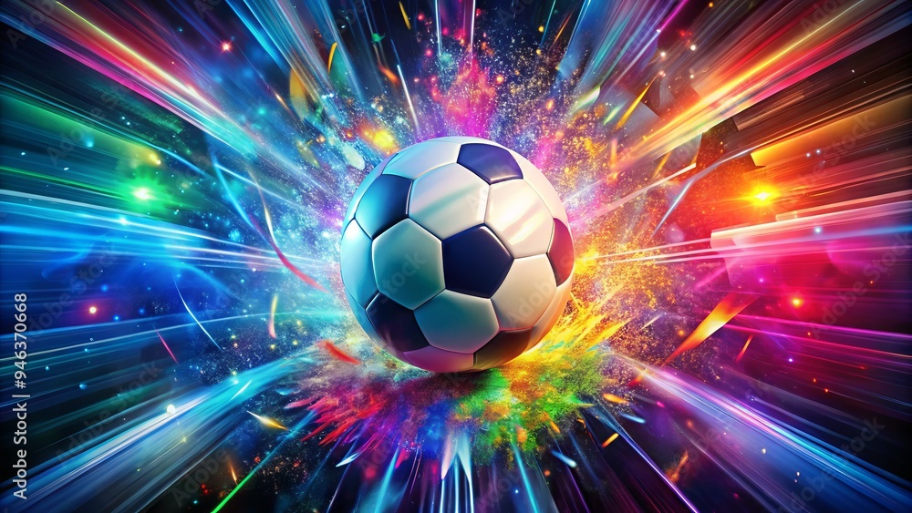 Vibrant digital illustration of a soccer ball bursting with dynamic ...