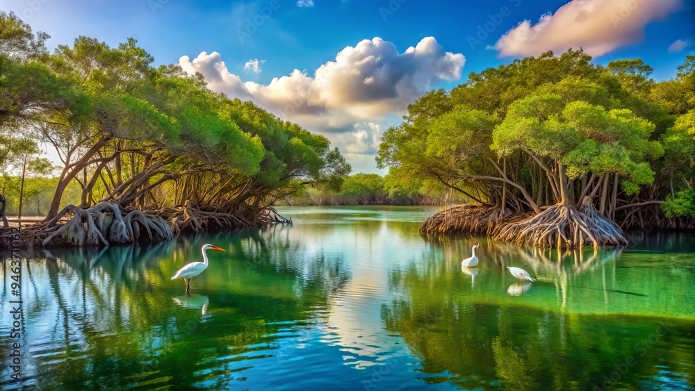 Vibrant emerald waters and tangled mangrove roots create a serene haven ...