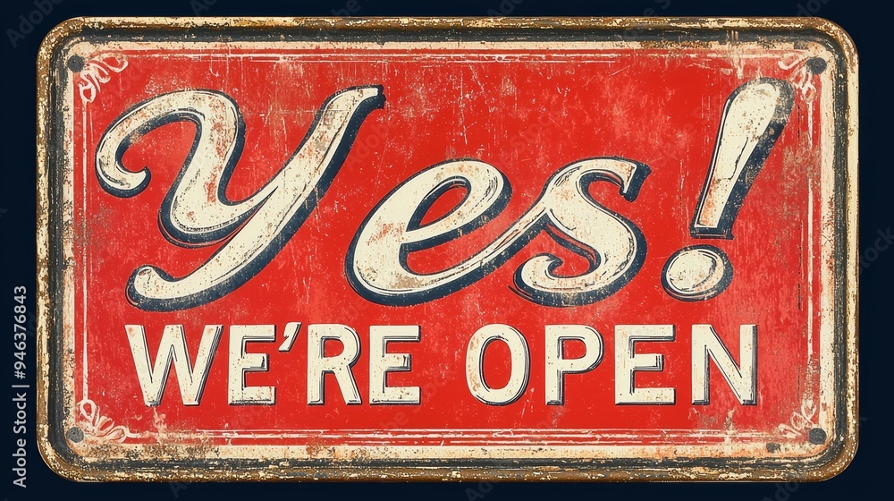 A bold, red rectangular sign displaying the words "Yes! WE'RE OPEN" in ...