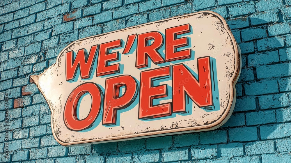 Retro comic sign with the message "YES! WE'RE OPEN" inside a white ...
