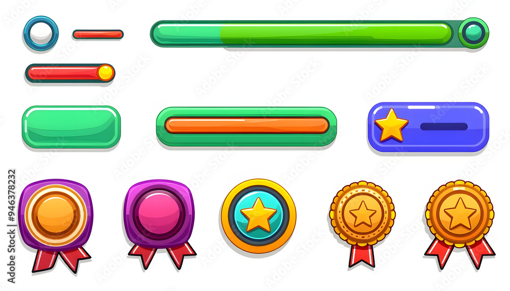 Game UI buttons. Mobile application or game interface elements. Cartoon colorful design ...