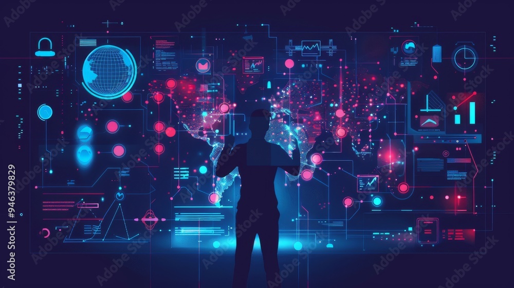 Big data analytics with AI technology. Data analyst analyzing and visualizing complex ...