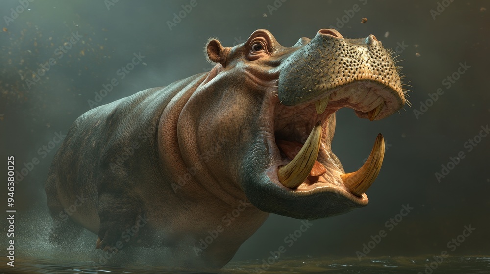 A close-up image of a hippopotamus with its mouth open wide, showcasing ...