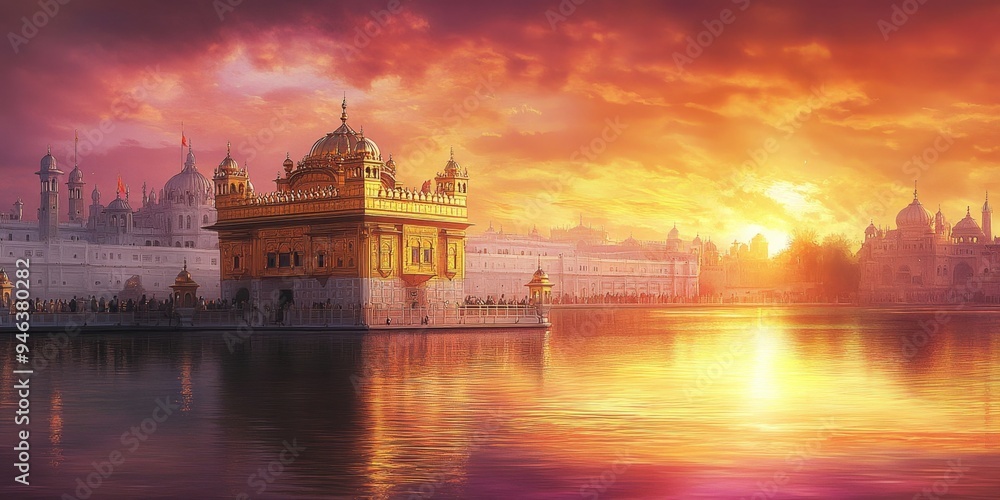 Ethereal Watercolor Banner of Sikh Gurdwara at Dawn: Majestic Spiritual ...