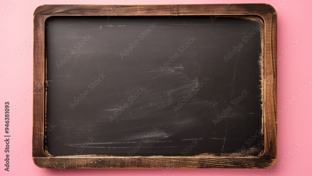 Educational blackboard with wooden edges against a soft rose pink ...