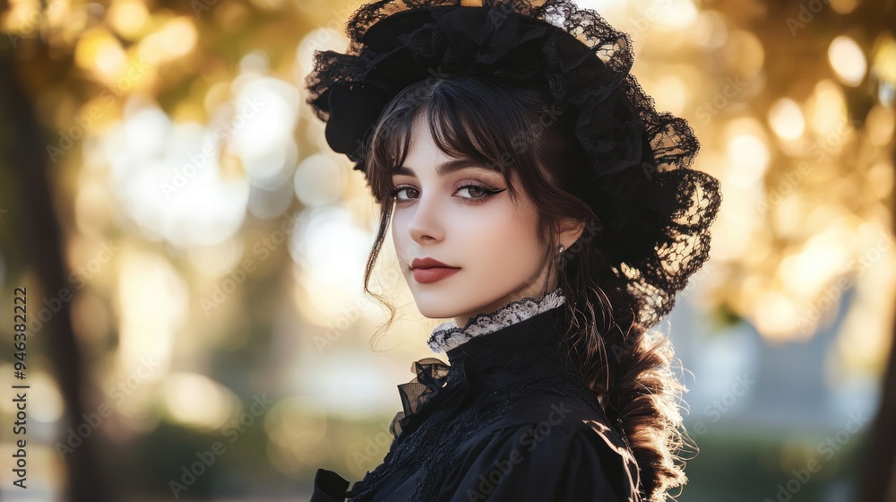 Young girl model with make up and a black dress queen victorian gothic ...