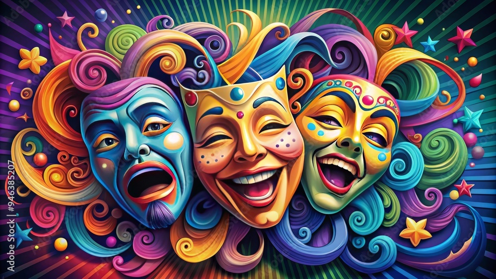 Vibrant vector illustration of colorful theatre masks in various ...