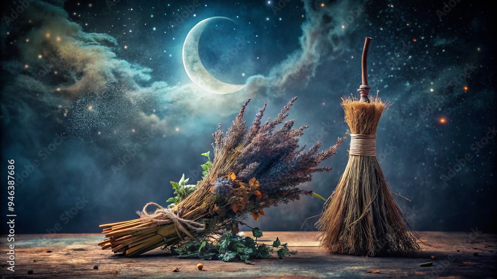 Vintage-style broom adorned with mystical symbols and dried herbs ...