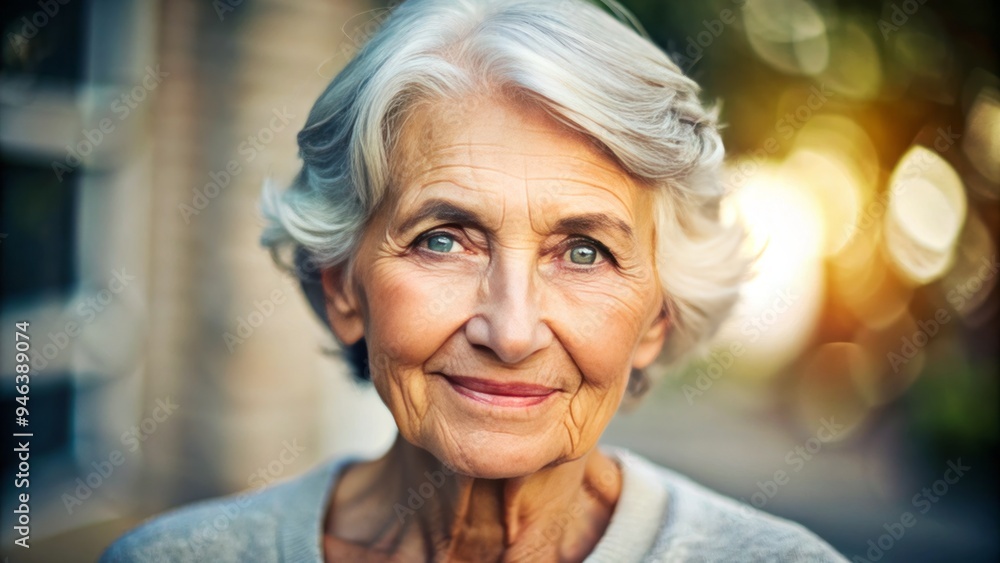 Warmly lit, soft-focused portrait of a gently smiling senior woman with ...