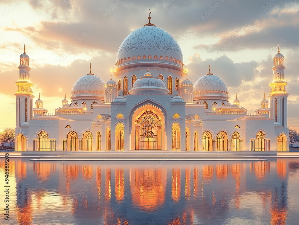 majestic mosque with intricate islamic architecture illuminated by a ...