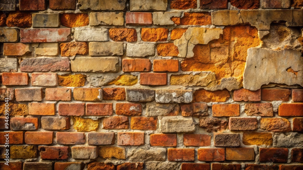 Weathered brick wall with distressed mortar and faded color, displaying ...