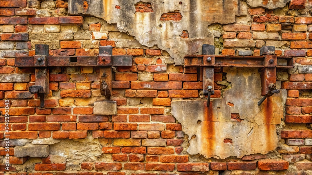 Weathered, crumbling, and worn, a distressed brick wall with rusty ...