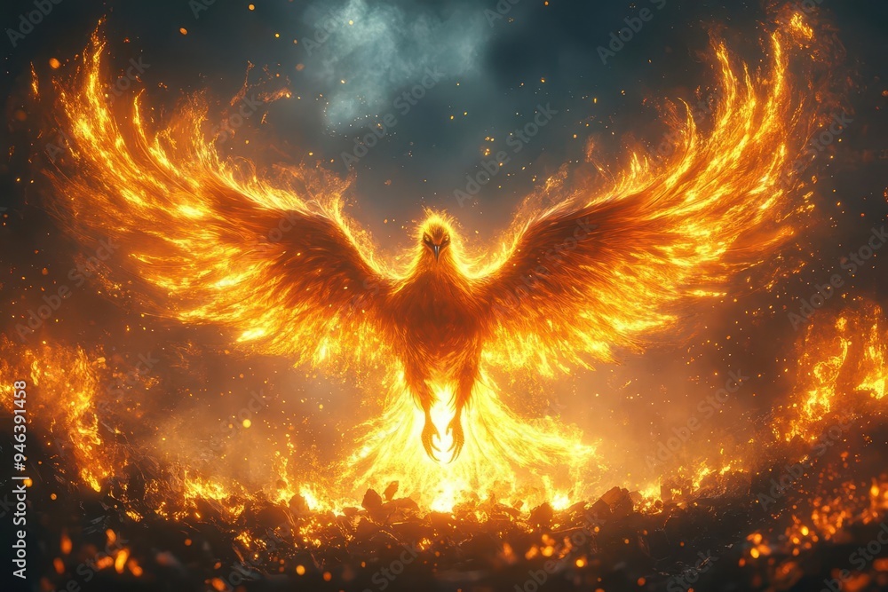 majestic phoenix rising from ashes wings spread wide against dark ...