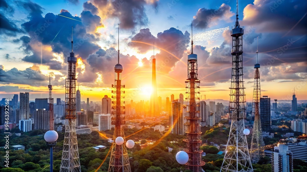 Wireless communication tower transmitters and antennas standing tall ...