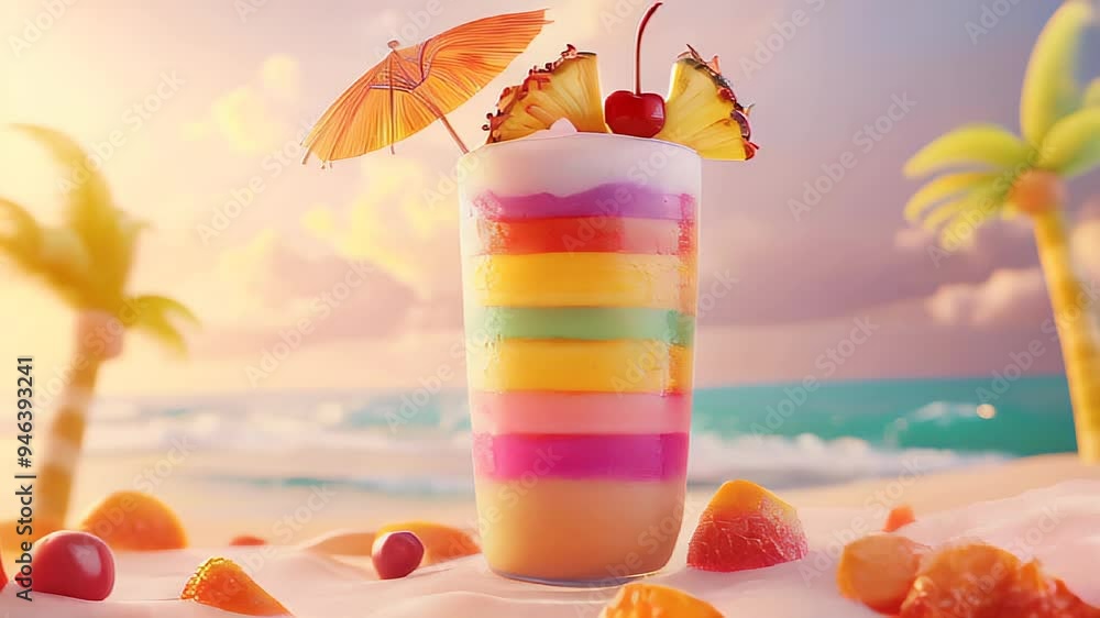 Tropical rainbow smoothie with umbrella and fruit on beach. Concept of ...