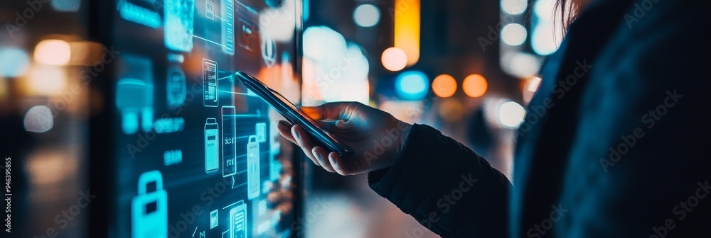 A person interacts with a digital interface in a smart city, showcasing ...