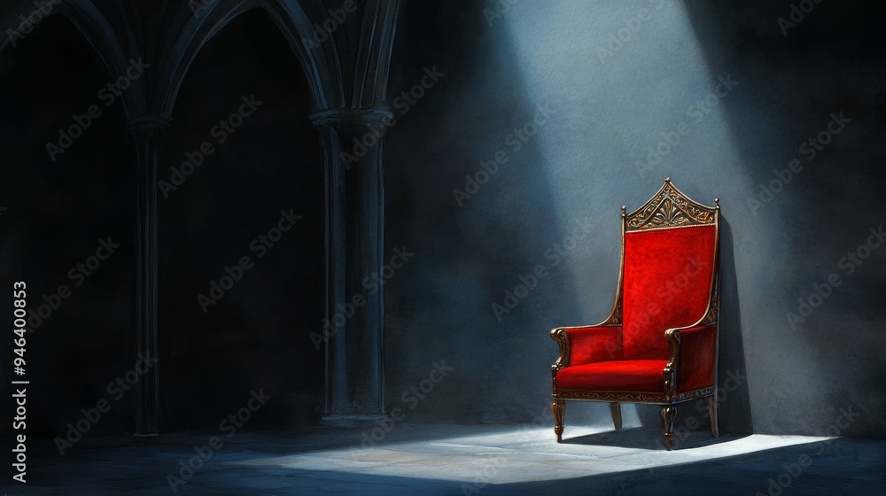 A solitary red velvet throne stands illuminated by a single beam of ...