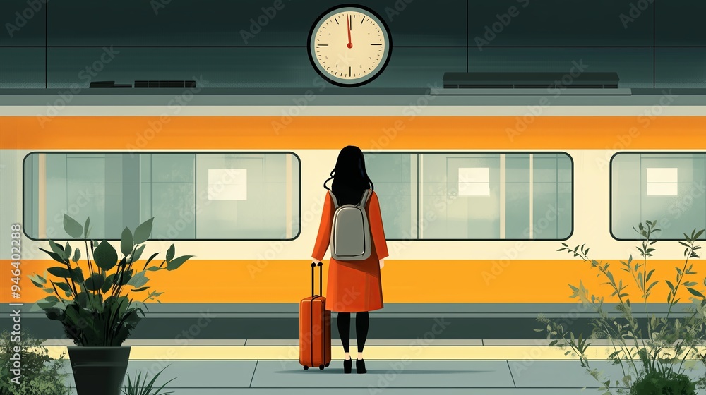 Cartoon Woman with Suitcase Standing in a High-Speed Train - Flat ...