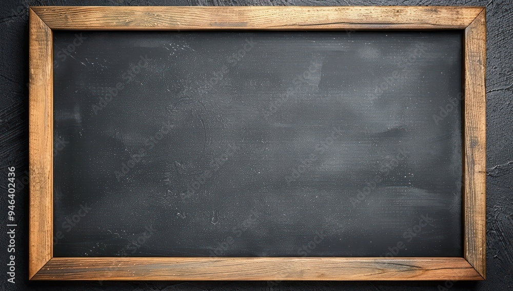 Empty blackboard with wooden borders set against an ash gray background ...
