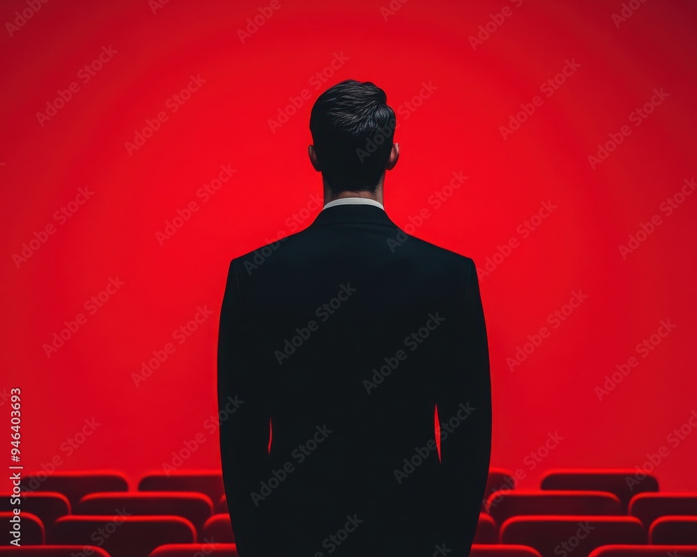 A figure standing alone on a stage, with an audience of faceless ...