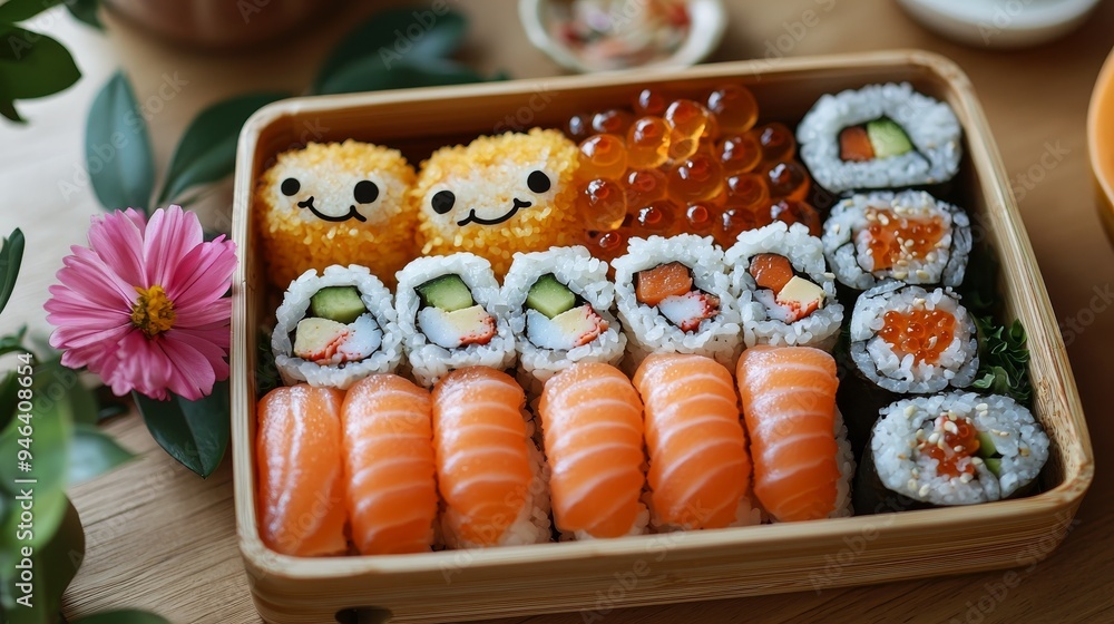 A topdown view of a sushi bento box with salmon crab cucumber and ...