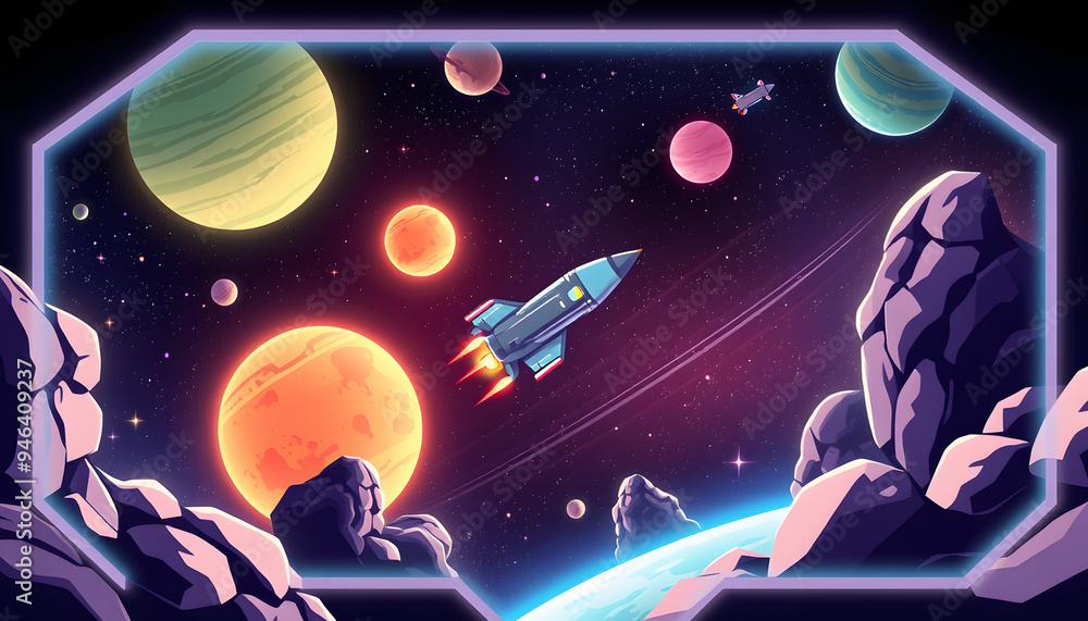Space game ui level map with shuttle flying at alien planets. Arcade ...