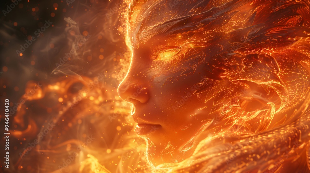 Wallpaper with woman with fire patterns on her skin is surrounded by ...