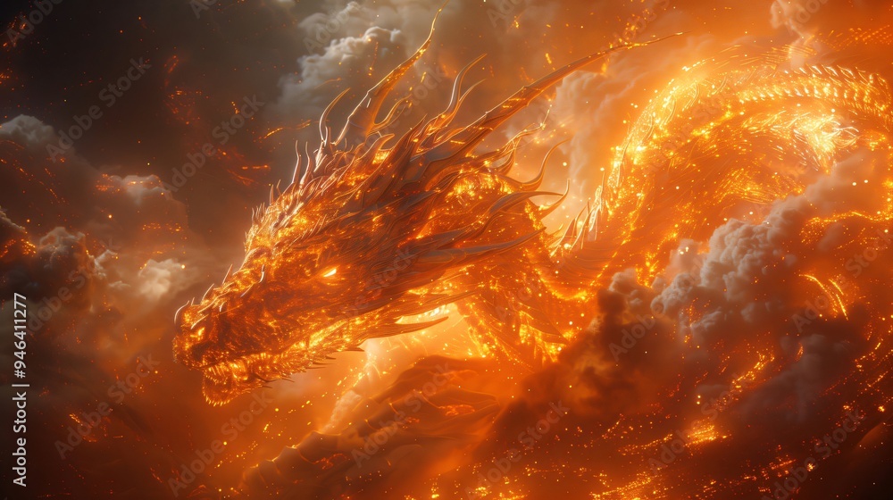 Fire breathing dragon soars above a city in flames, spreading chaos and ...