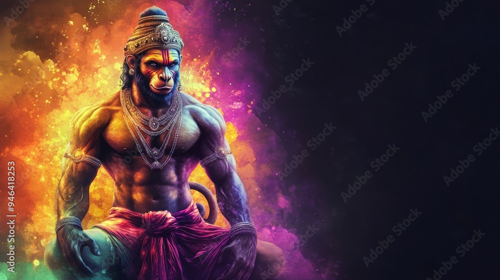 The image of Lord Hanuman, superbly built, muscular, bright, colorful ...