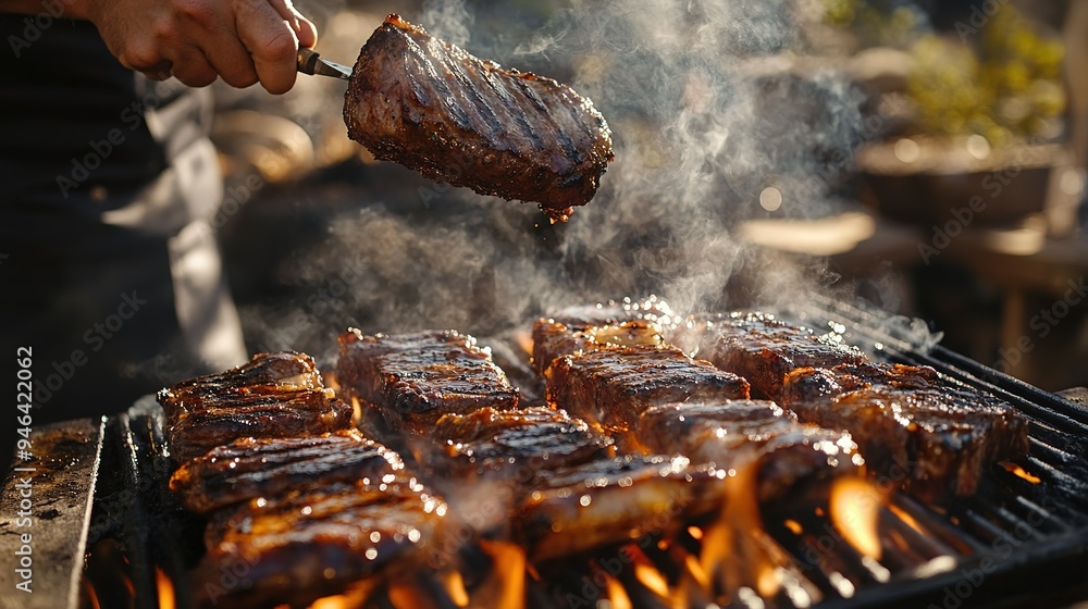 A dynamic shot of a barbecue master flipping thick cuts of meat on a ...