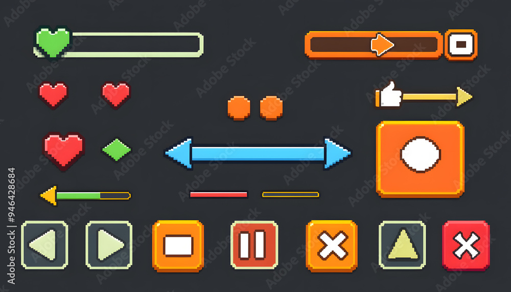Pixel game UI. 8-bit interface buttons and arrows. Health and mana ... Pixel game UI. 8-bit interface buttons and arrows. Health and mana ...