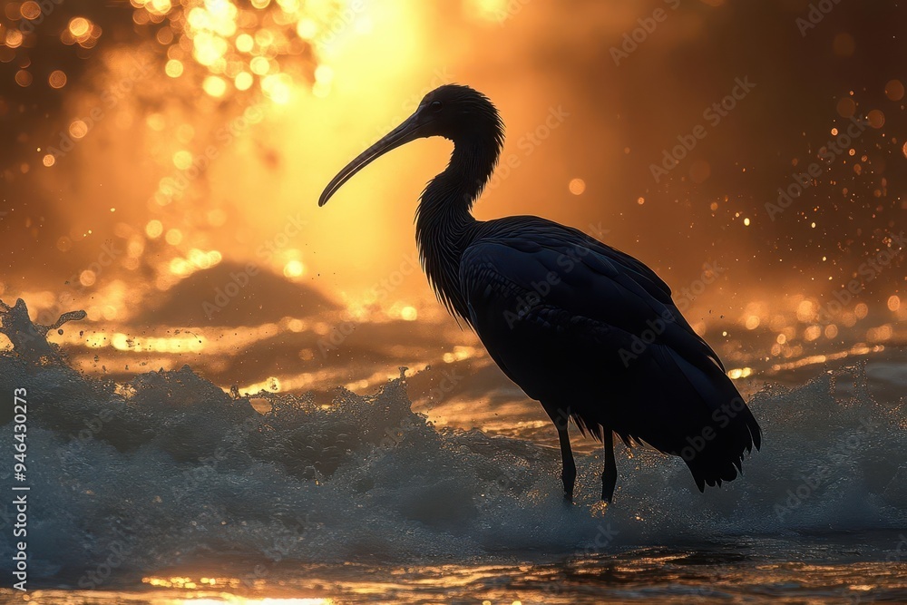 striking silhouette of a black ibis against a turbulent ocean backdrop ...