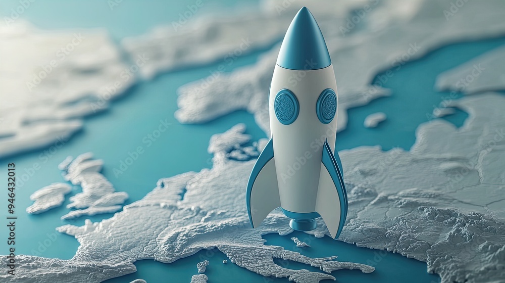 Stylized Blue and White Rocket on a 3D Map of Europe: A Modern Poster ...