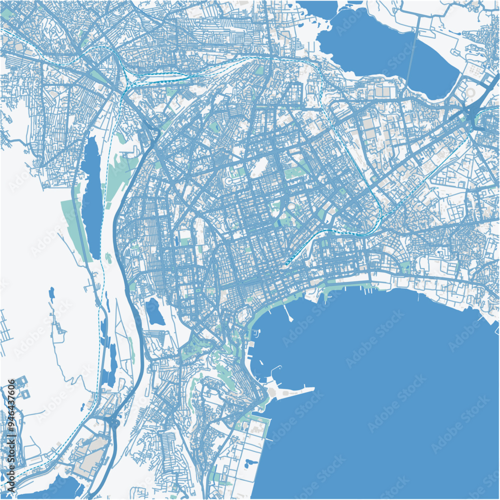 Map of Baku in Azerbaijan in blue. Contains layered vector with roads ...