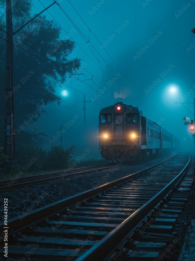 Vanishing into the Fog: A Train Disappears into the Night. A Train at ...