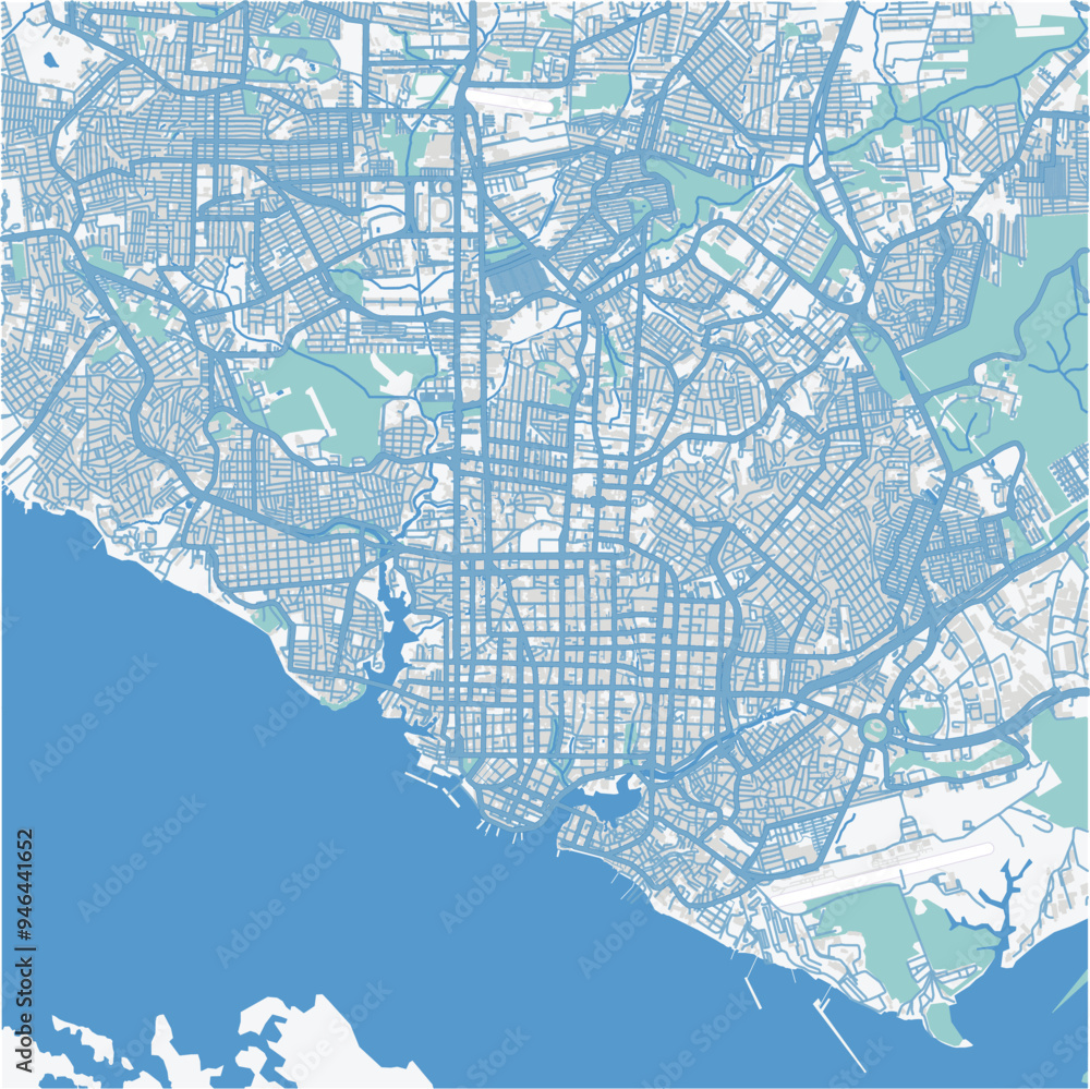 Map of Manaus in Brazil in blue. Contains layered vector with roads ...