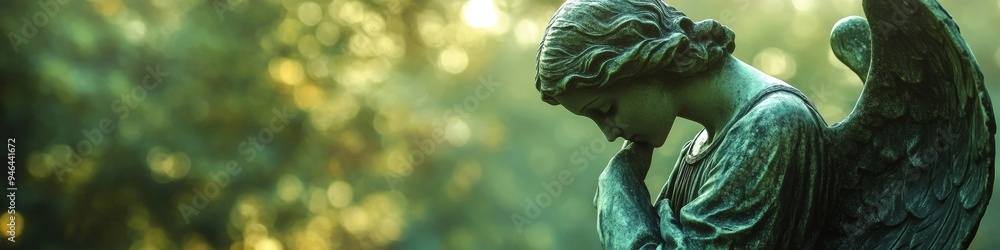 The banner. A statue of a grieving angel on a green panoramic ...