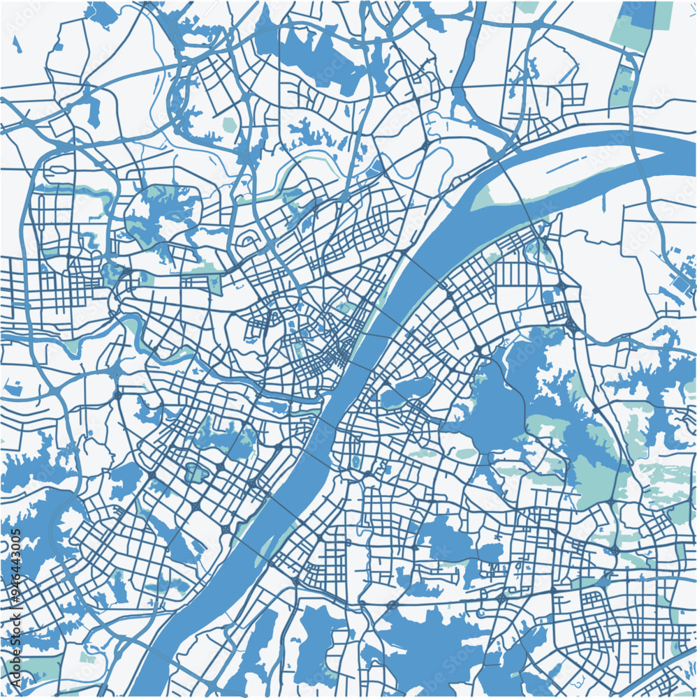 Map of Wuhan in China in blue. Contains layered vector with roads water ...