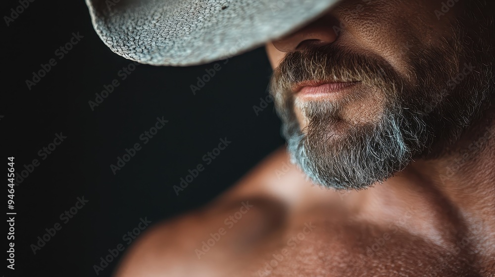 A striking image of a man with a cowboy hat in a strong shadowy setting ...